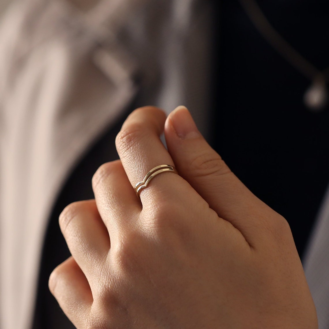 Double Chevron Ring, Minimalist Ring, Simple Ring, 14k Gold Flat ...