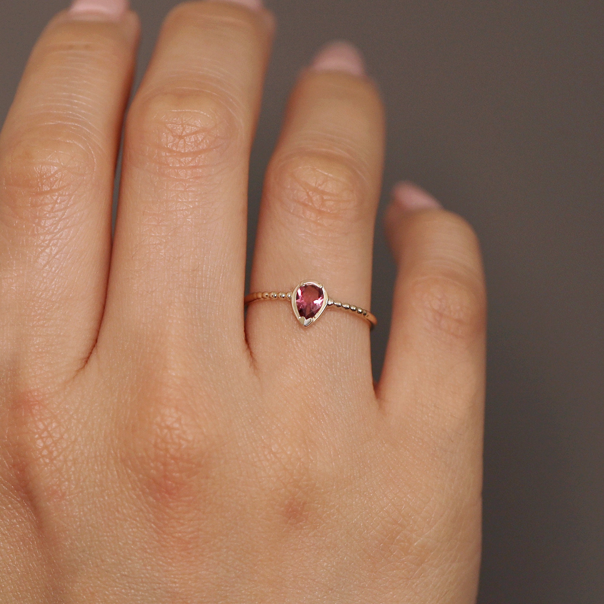 Teardrop Pink Tourmaline Solitaire Ring With Beaded Band Pink | Etsy