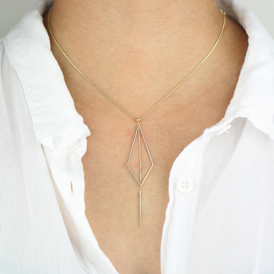 Geometric Necklace, 14K Solid Gold Geometric Double Layered Necklace ...