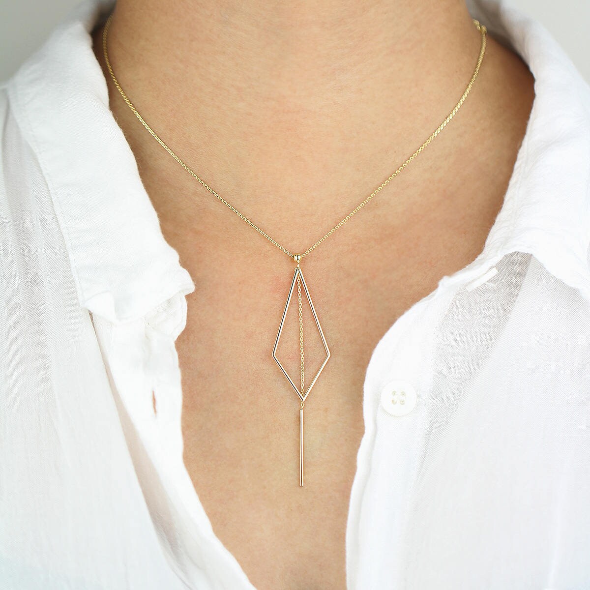 Geometric Necklace 14K Solid Gold Geometric Double Layered - Etsy