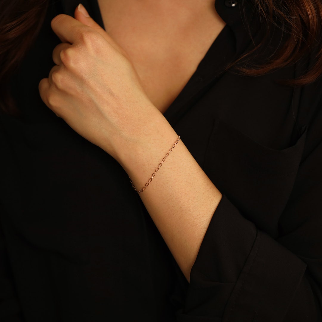 14K Gold Glitter Diamond Shape Chain Bracelet, 14K Single Glitter Chain ...