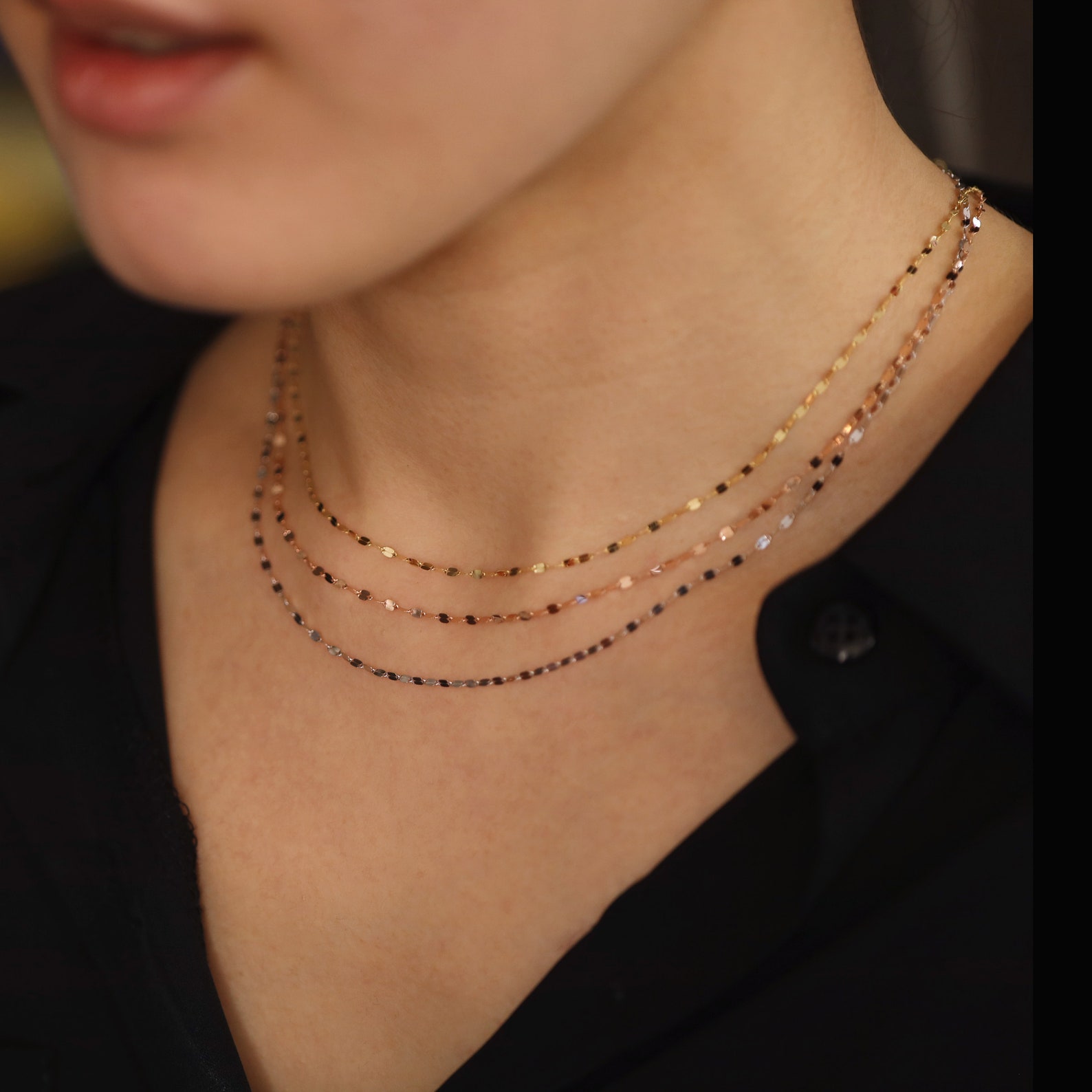 14K Gold Glitter Chain Necklace Flat Link Chain Gold - Etsy UK