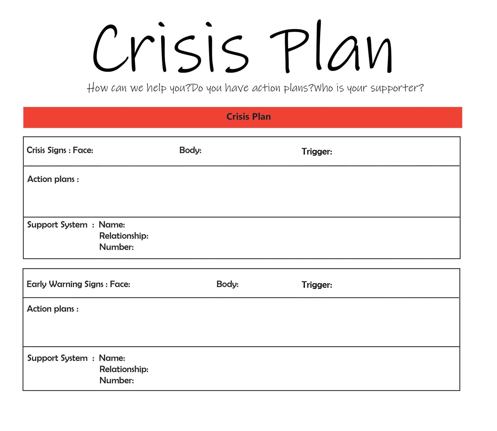 Trigger Plan/early Warning Signs/crisis Plan/ Sign and Symptoms/mental ...