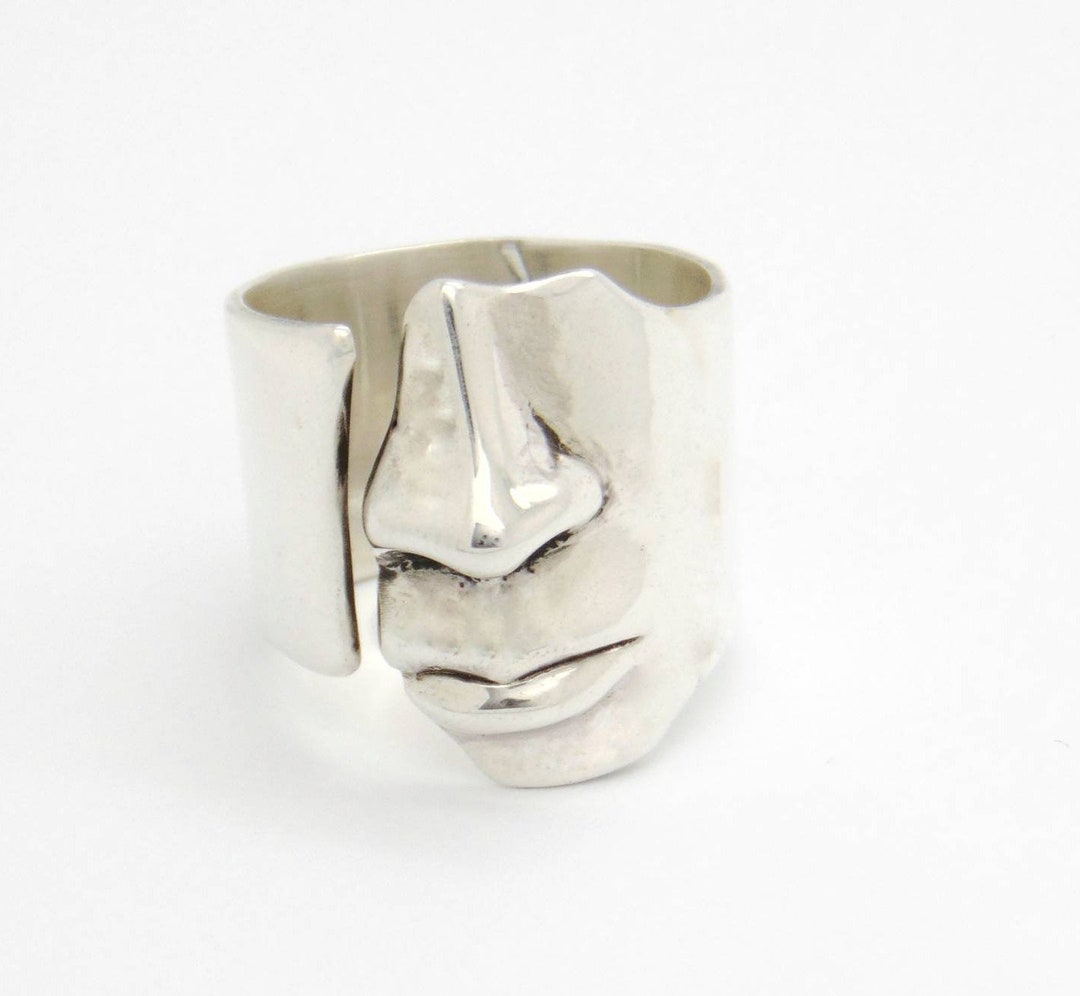Handmade Sterling Silver Face Ring, Unisex Statement Sculpture Jewelry ...