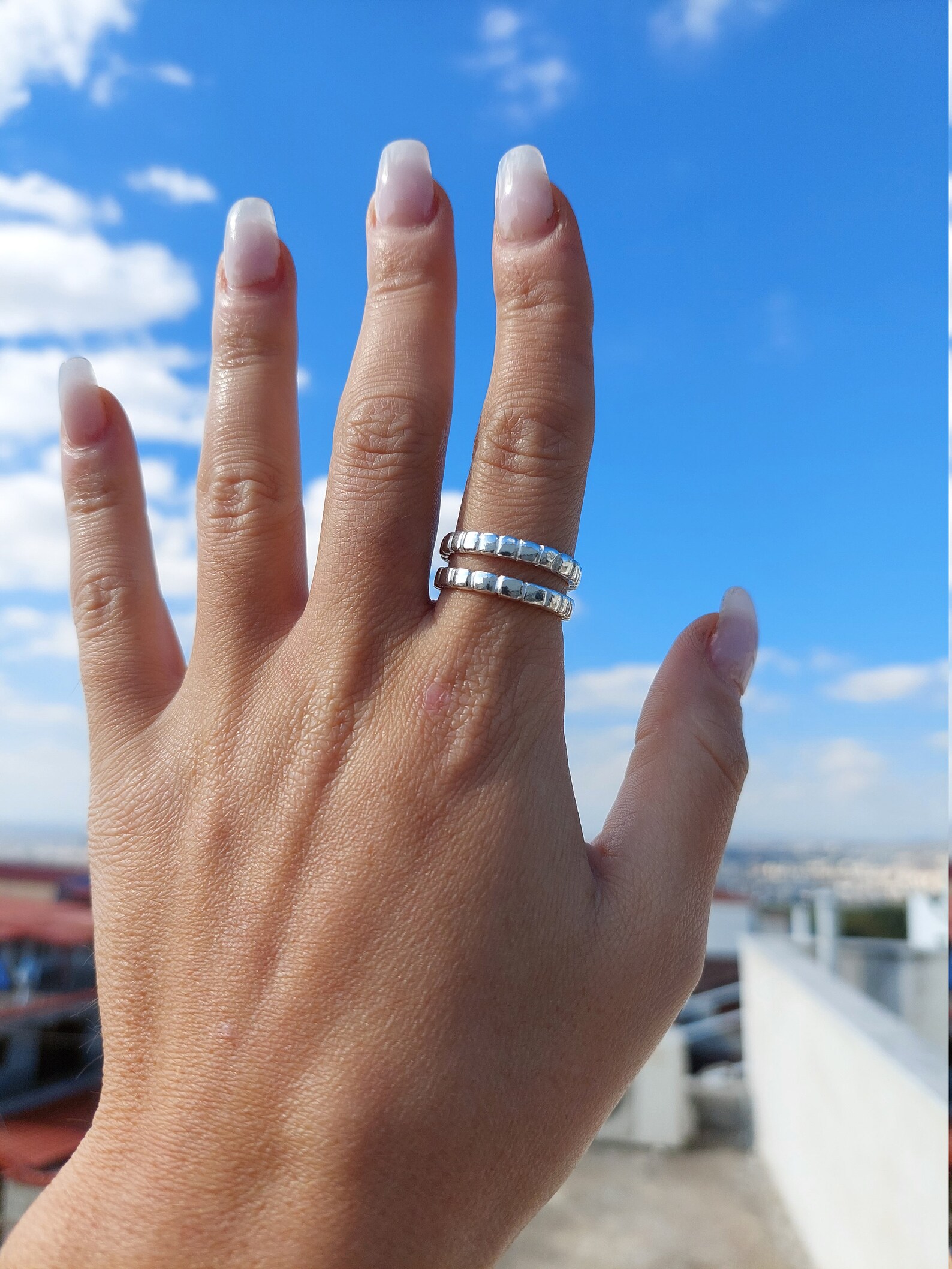 Flat Chunky Ring Simple Ring Sterling Silver Bead Ring. Set - Etsy
