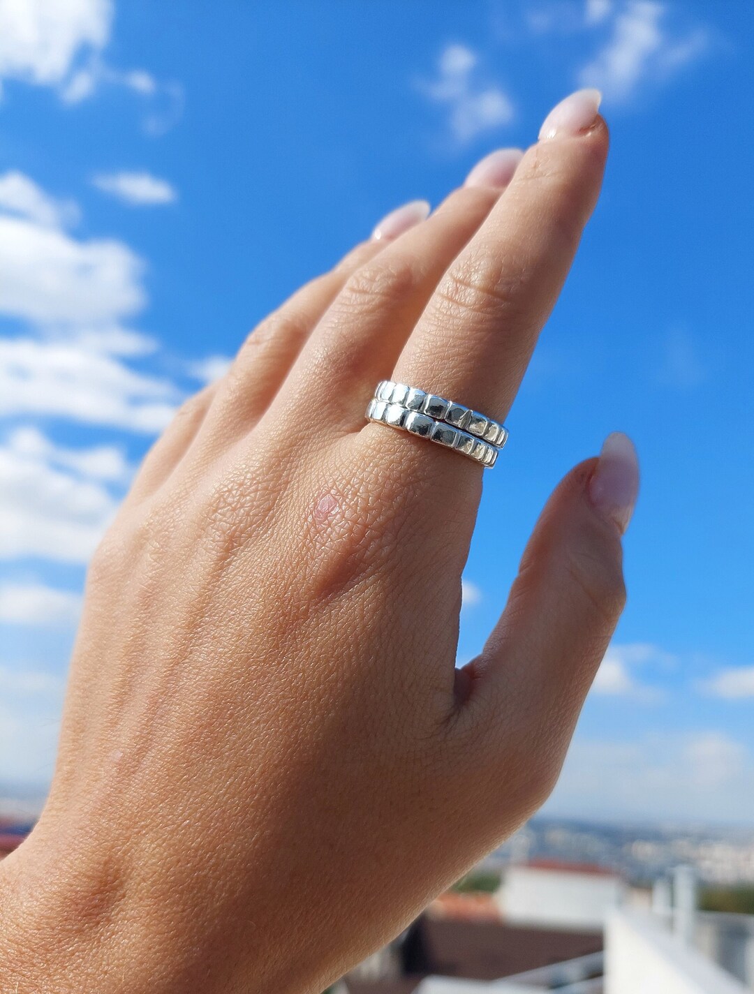 Flat Chunky Ring, Simple Ring, Sterling Silver, Bead Ring. Set of Two ...