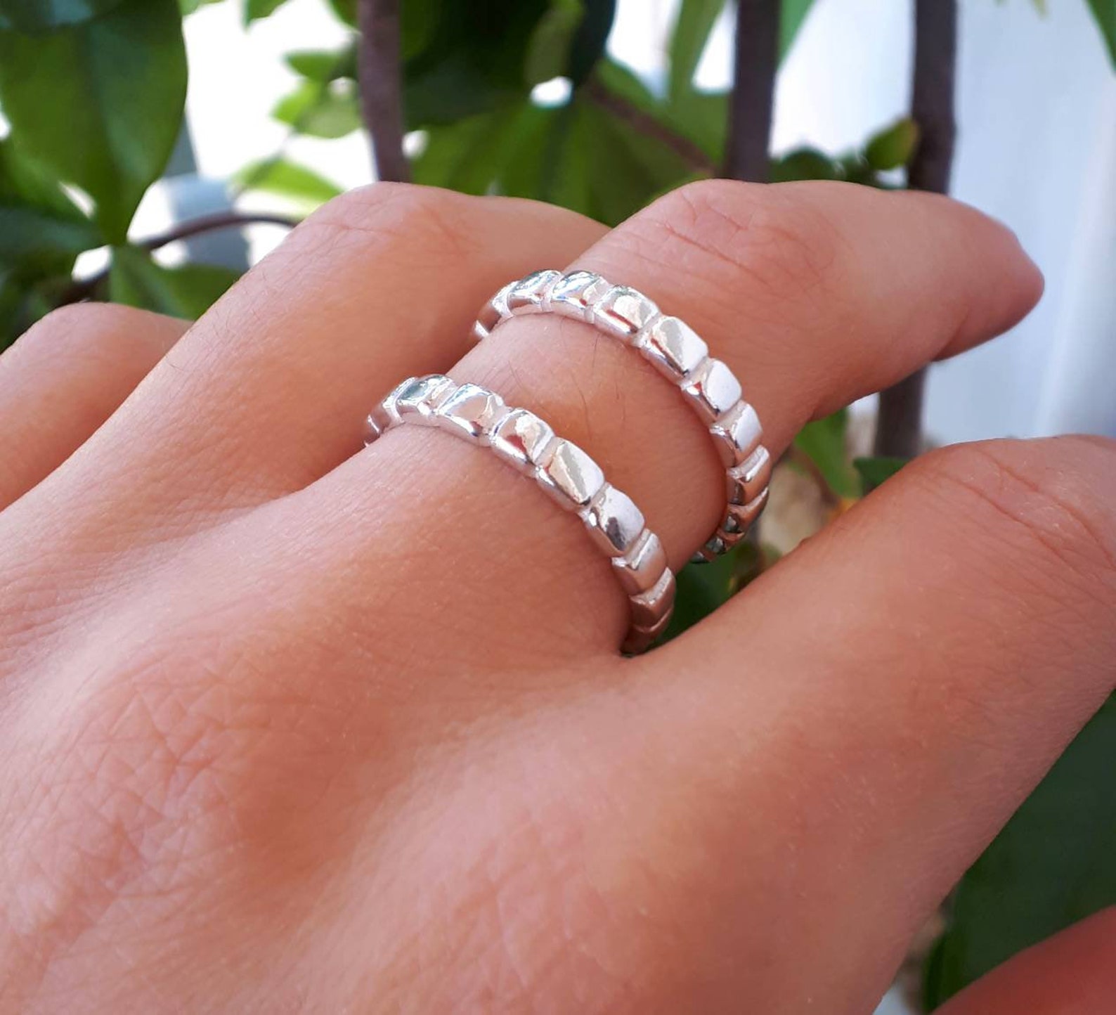 Flat Chunky Ring Simple Ring Sterling Silver Bead Ring. Set | Etsy