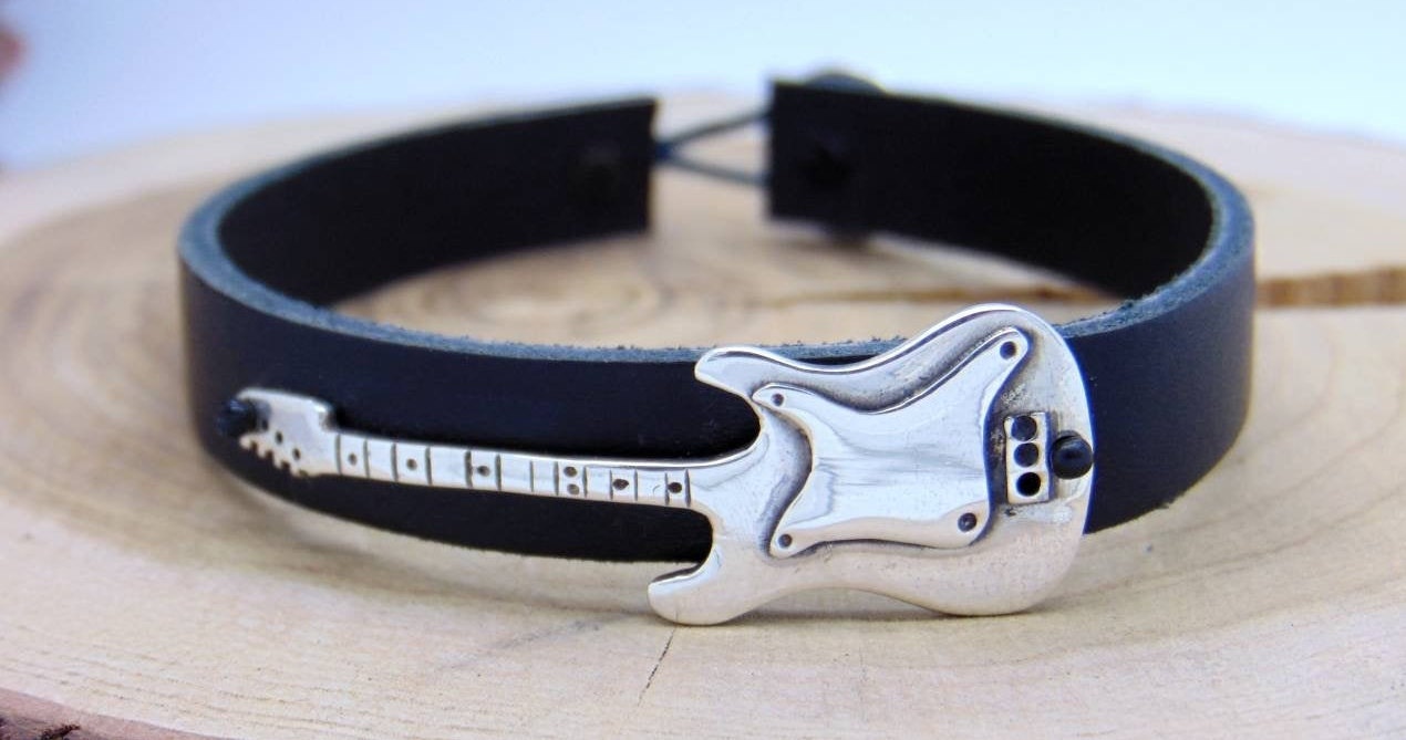 Silver Guitar Bracelet Men's Leather Bracelet Sterling - Etsy Singapore