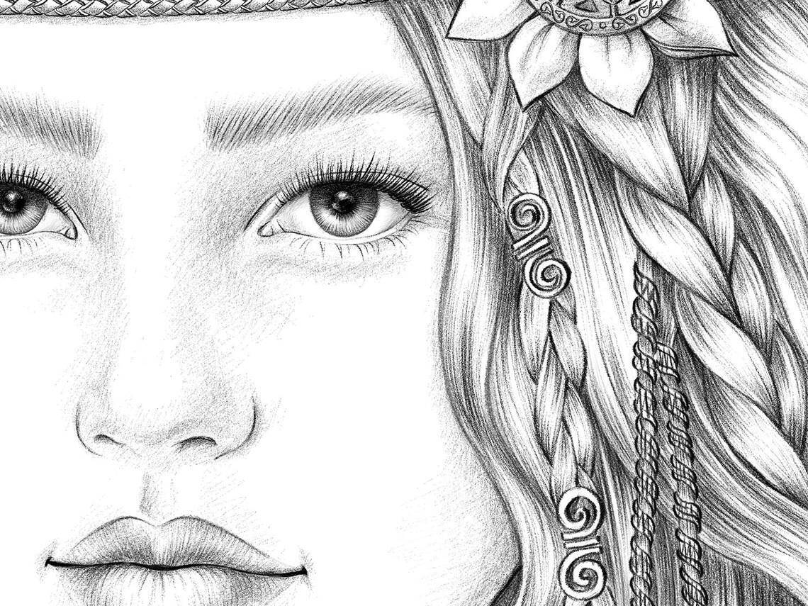 Adult Coloring Page Drawing Boho Woman Printable Coloring Etsy