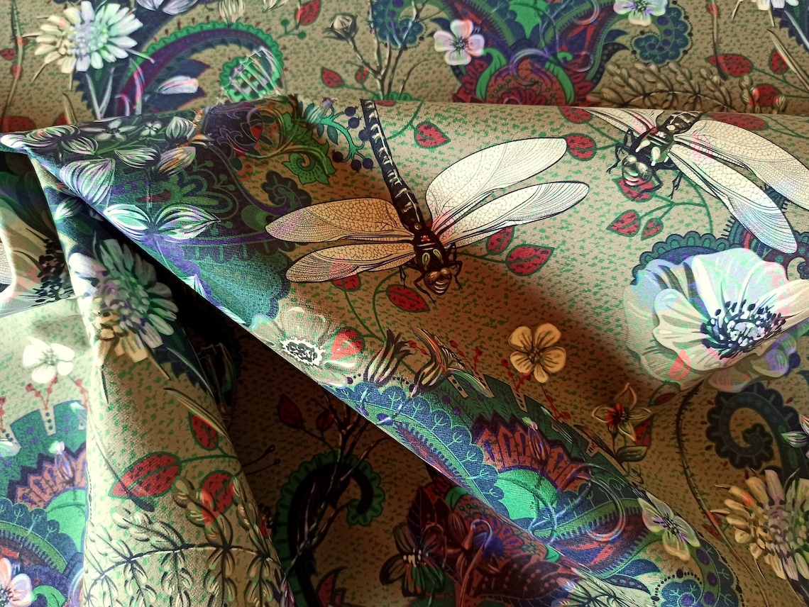 Printed velour velvet upholstery fabric 250g/m2 Dragonflies | Etsy