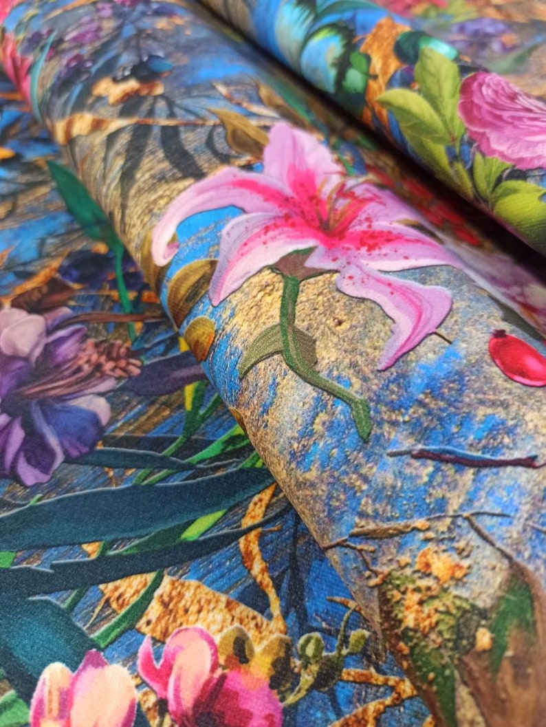 Printed Velour Velvet FR Upholstery Fabric Blue Meadow - Etsy