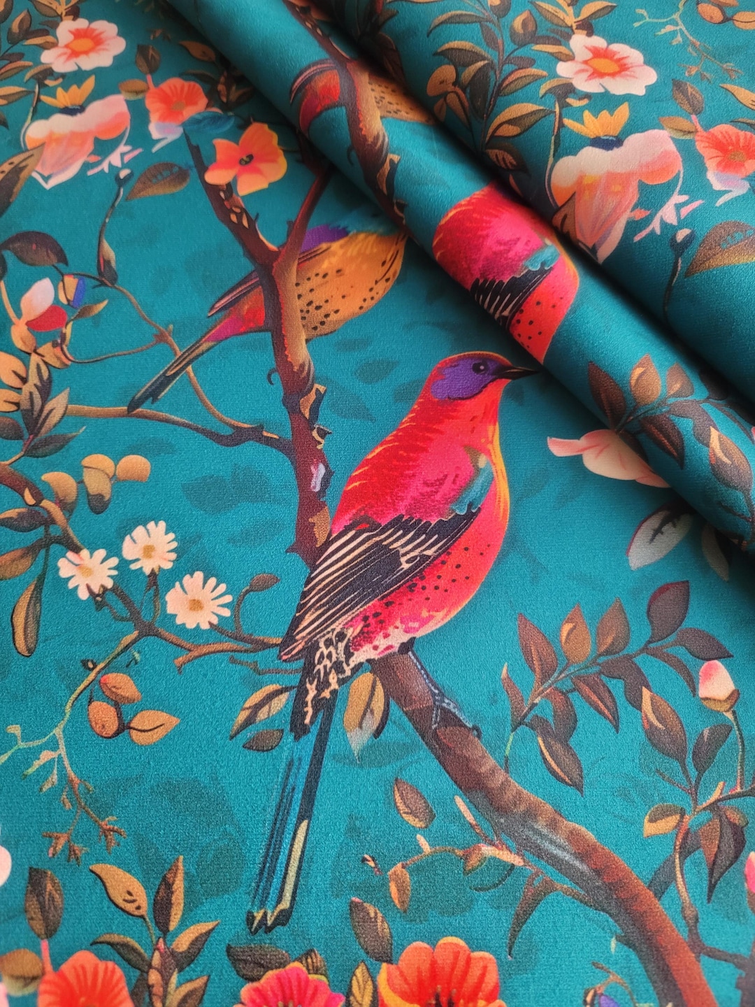 Printed Velour Velvet Upholstery Fabric Pink Birds on Teal - Etsy