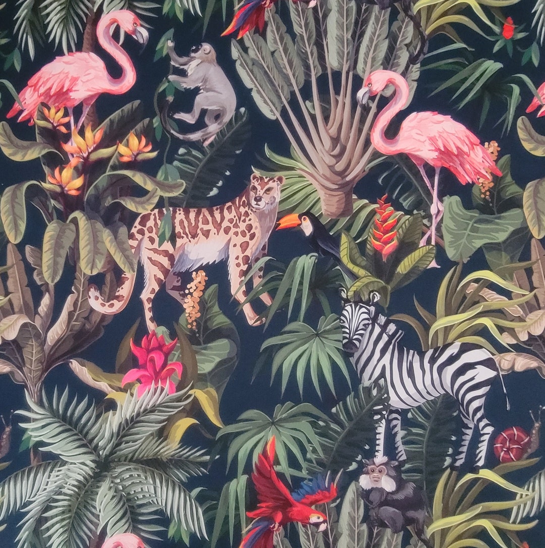 Printed Velour Velvet Upholstery Fabric Jungle Animals on Dark Navy ...