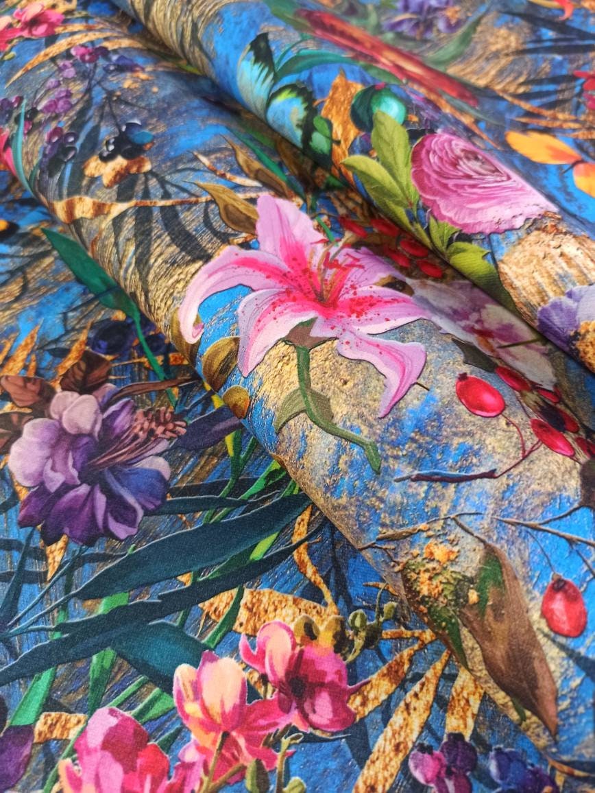Printed Velour Velvet FR Upholstery Fabric Blue Meadow - Etsy
