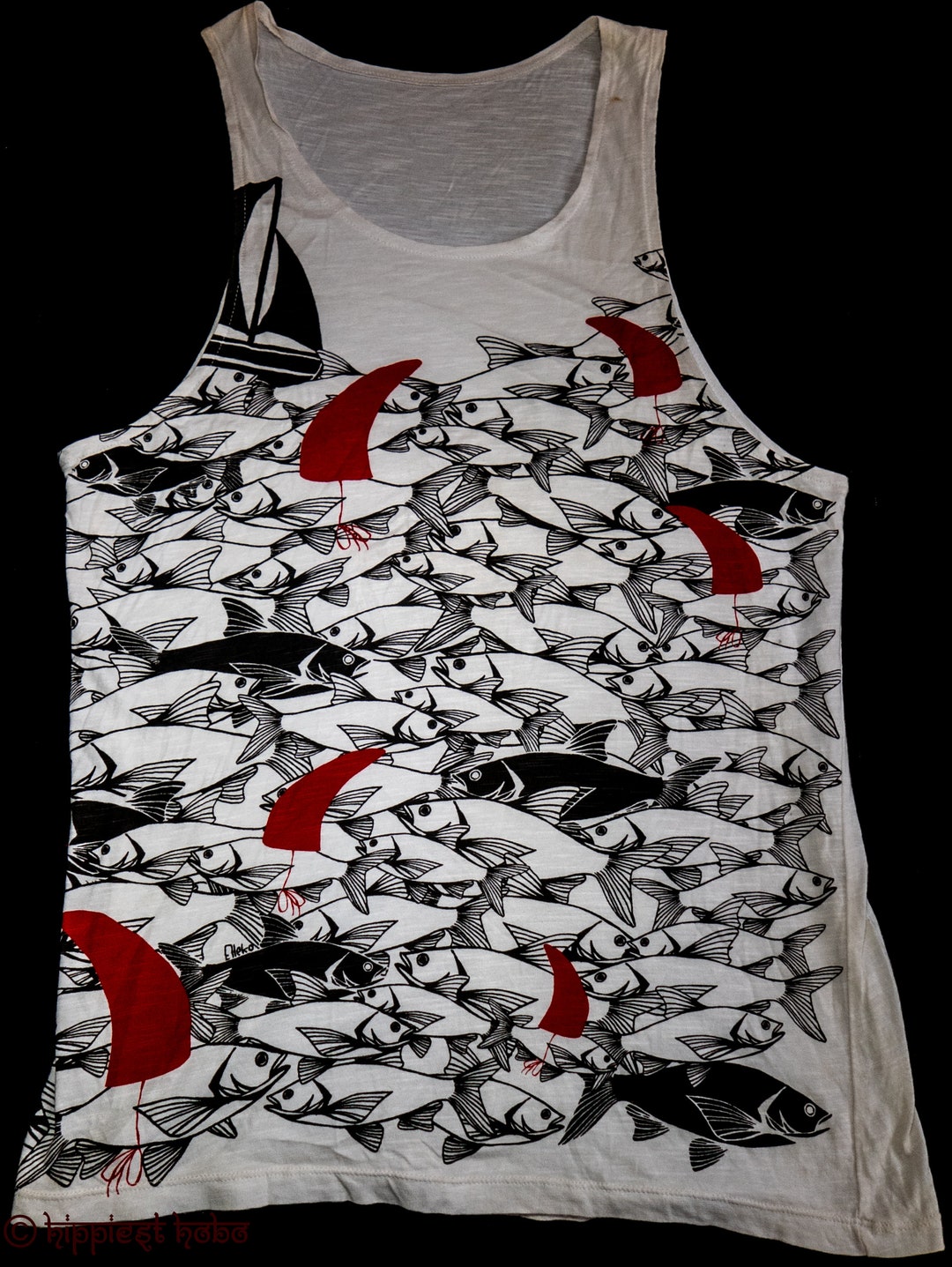 Unique Vintage Retro Printed Shark and Fish Print Cotton Summer Vest ...