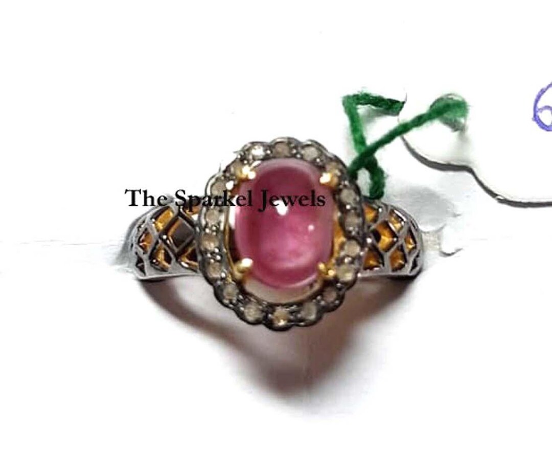 Victorian Jewelry Natural Rose Cut Diamond & Red Ruby Gold 925 Sterling ...