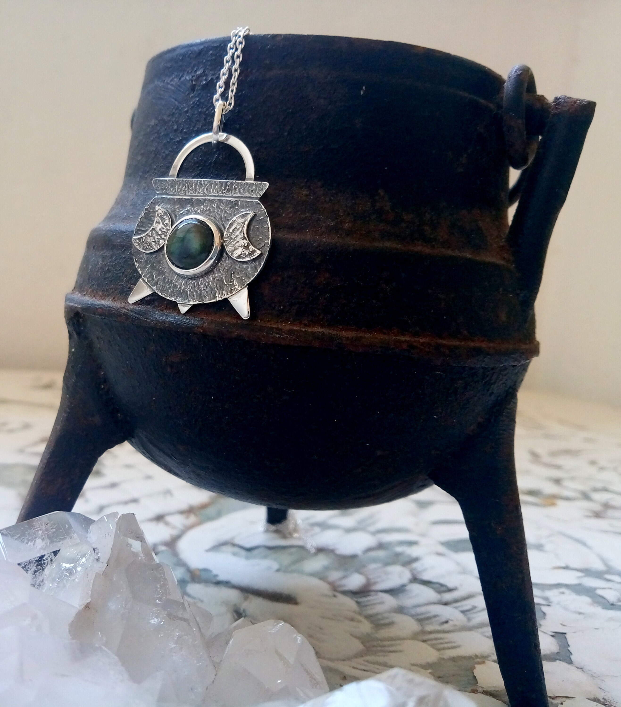 Small Witch Cauldron Sterling Silver Pendant, Witchy Triple Moon and ...