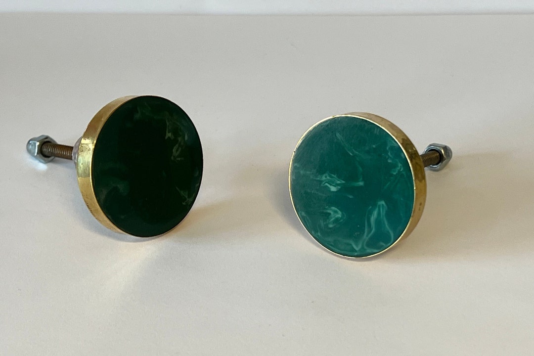 Round Emerald Green Knobs, Green and Brass Decorative Pull, Green Cabinet Handle, Dresser Knobs ...