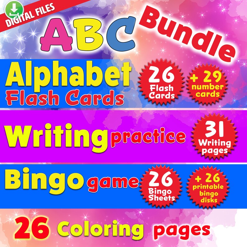 ABC Alphabet Learning Bundle - Flash Cards + Writing Practice + Bingo ...
