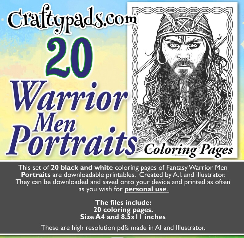 20 Warrior Men Portraits - Coloring Pages. Viking & Spartan Warriors ...