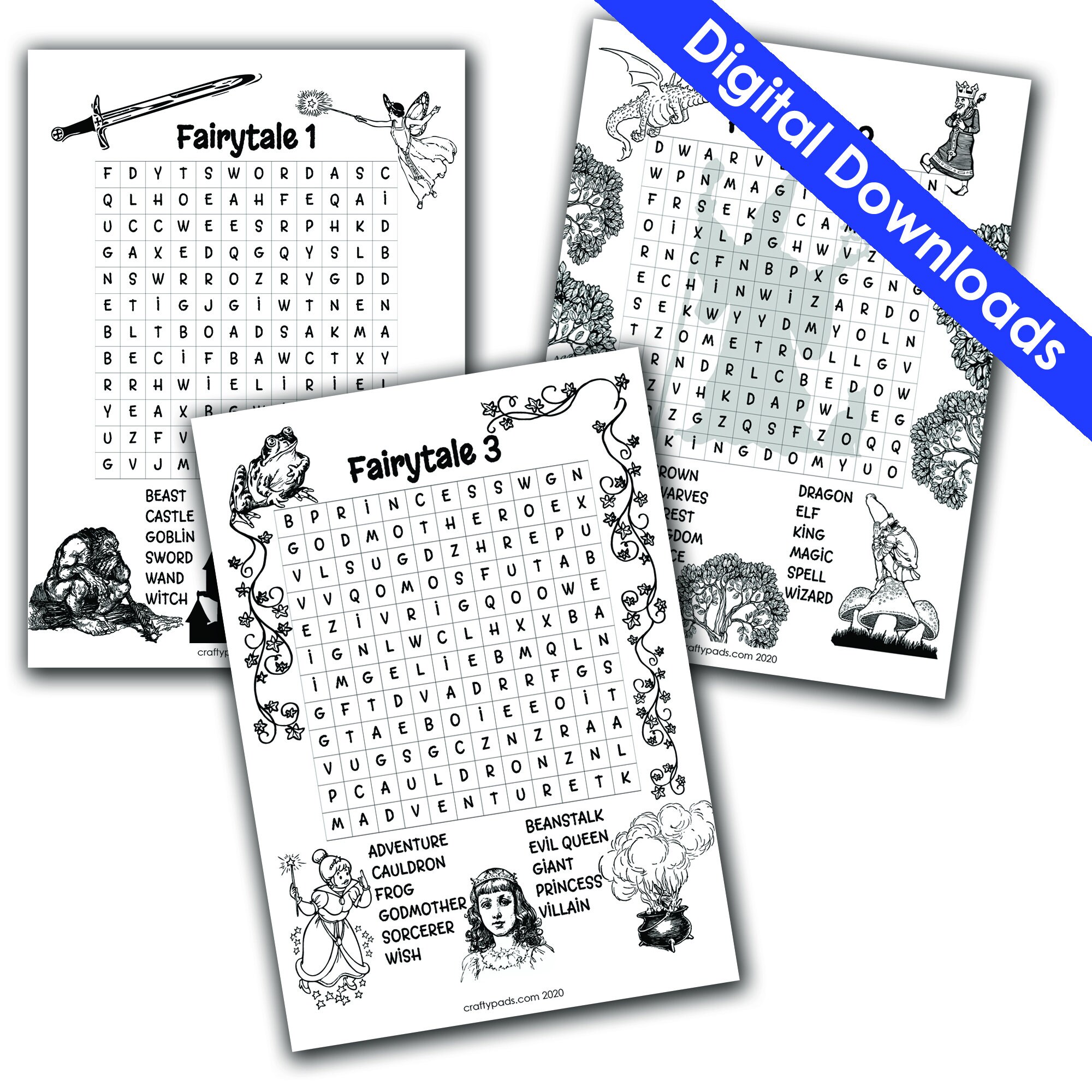 11 Printable Word Search Activity Pages for Kids. Themes: 3 Fairytale ...