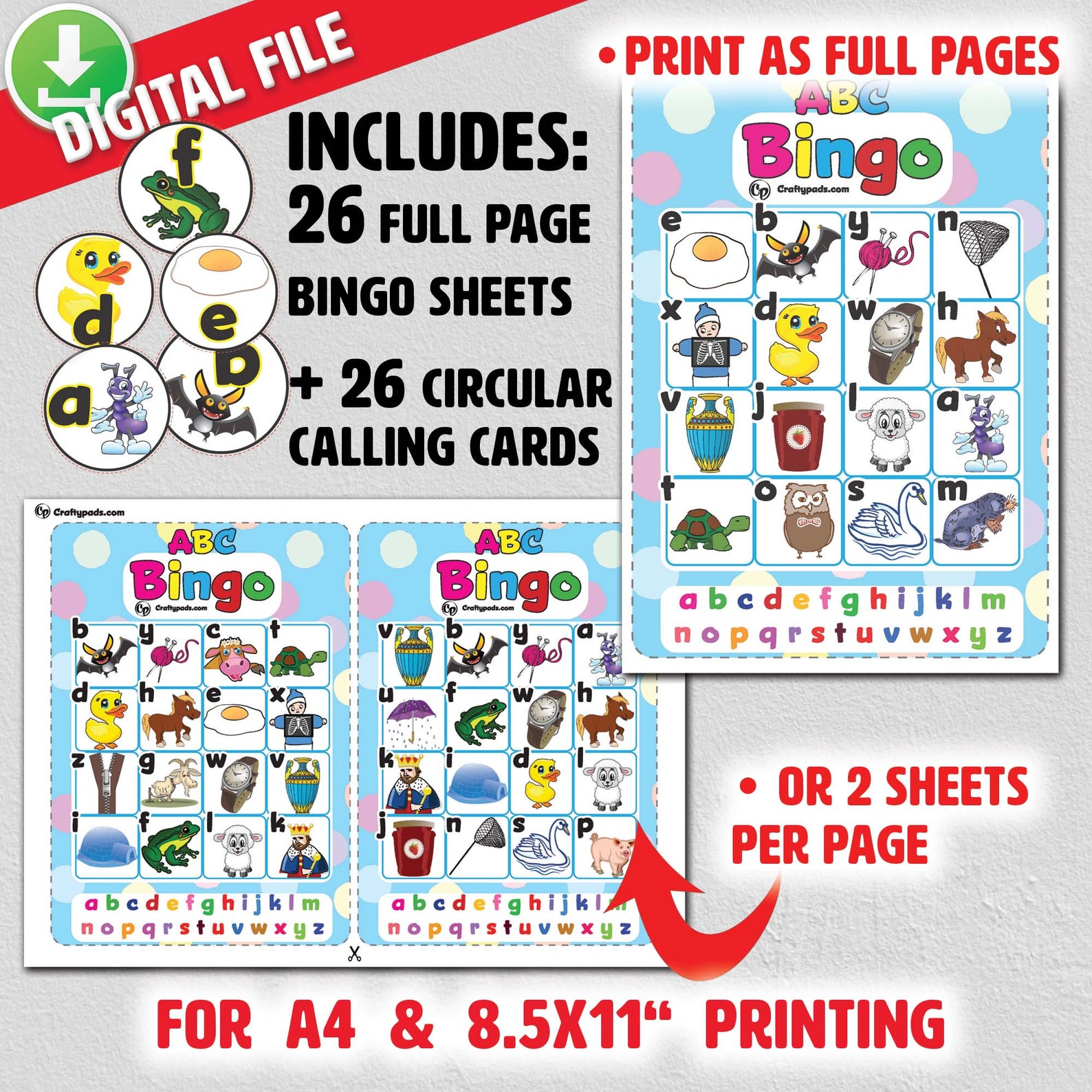 Printable ABC Bingo Game With 26 Bingo Sheets and Calling Cards. - Etsy UK