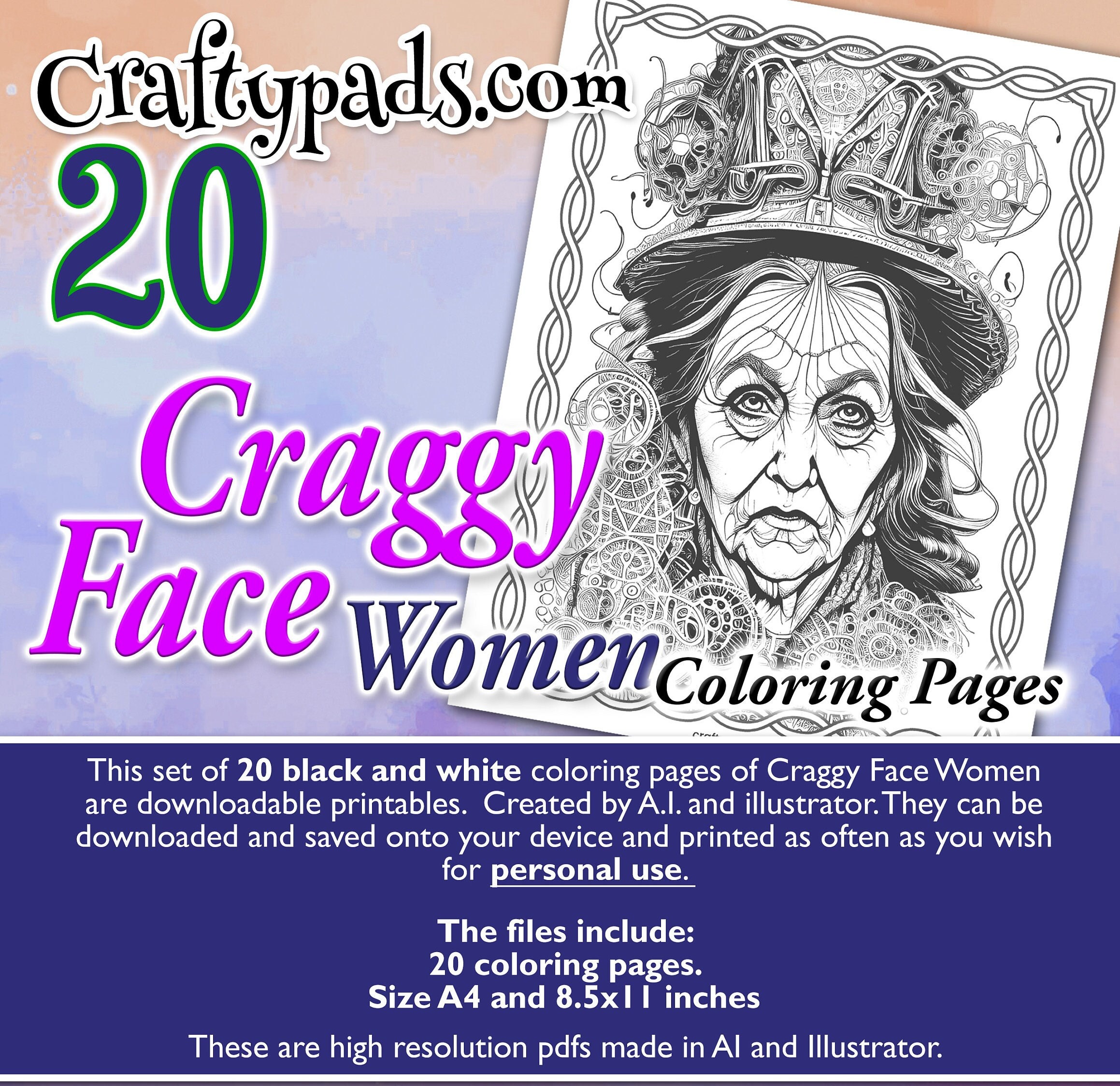 20 Craggy Face Women Portraits Coloring Pages. - Etsy