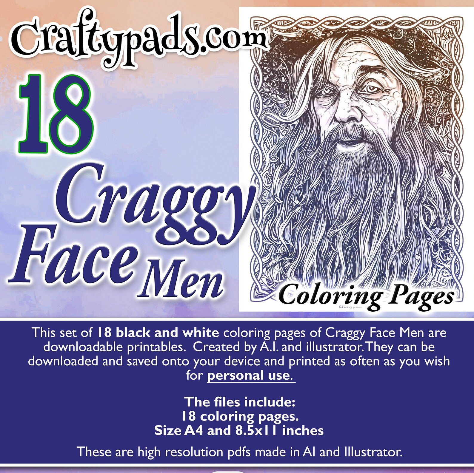 18 Craggy Face Portraits Coloring Pages. - Etsy