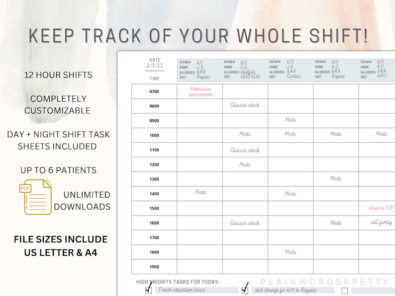 Nurse Hourly Planner Printable Nursing Shift Organizer 12 Hour Shift ...