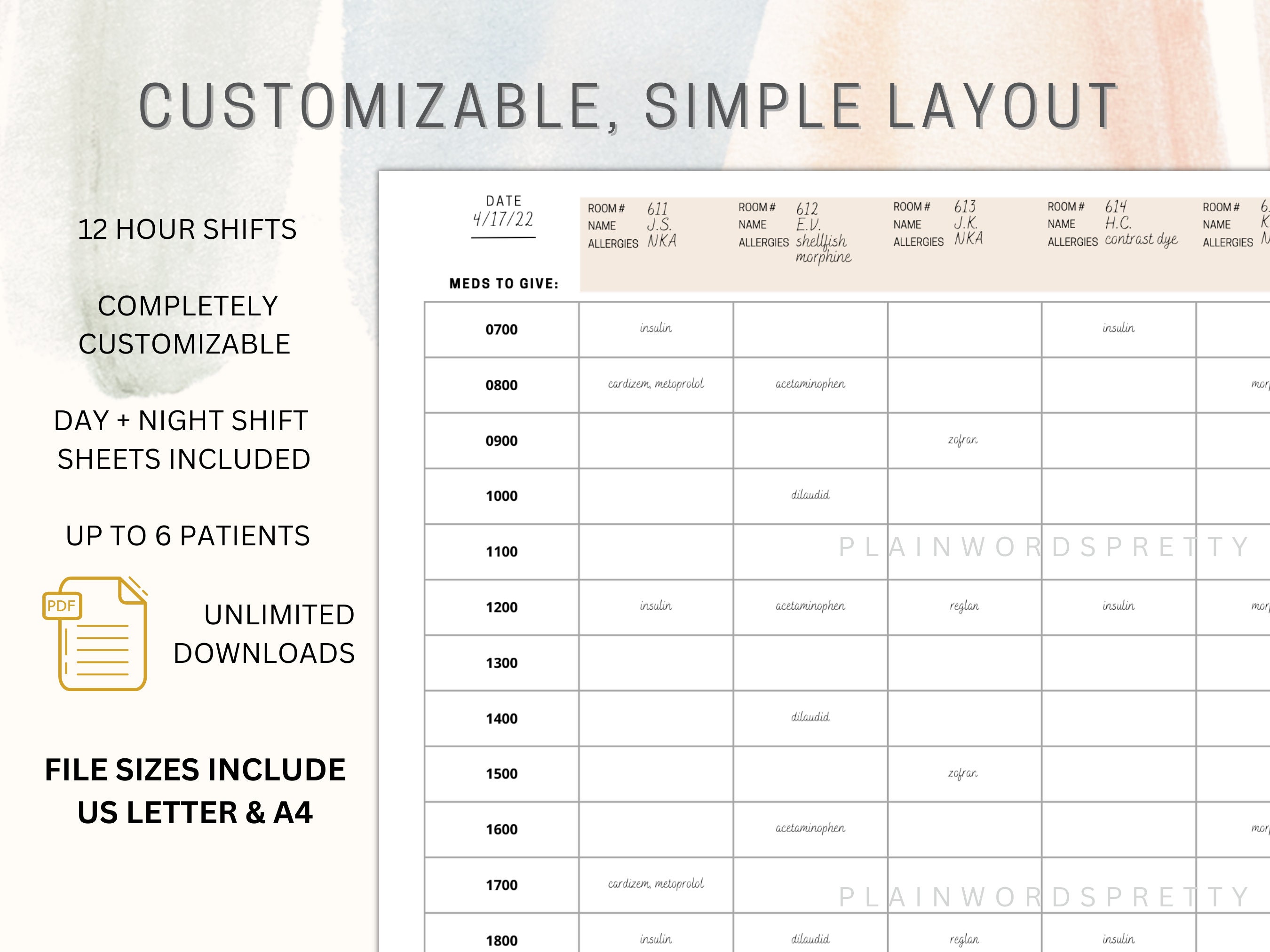 Nurse Medication Tracker Printable – 12 Hour Shift Planner – Multi ...