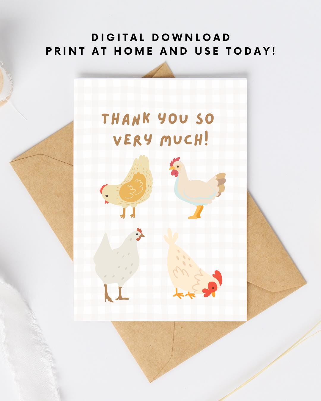 Thank You Card, Digital Download Thank You Card, Cute Chickens, Cute ...