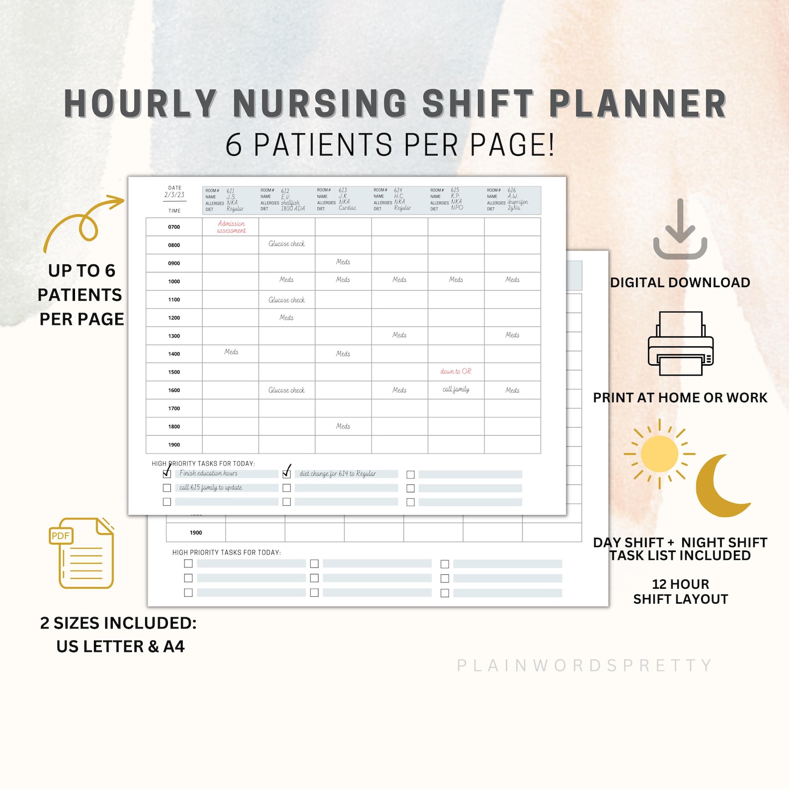 Nurse Hourly Planner Printable Nursing Shift Organizer 12 Hour Shift ...