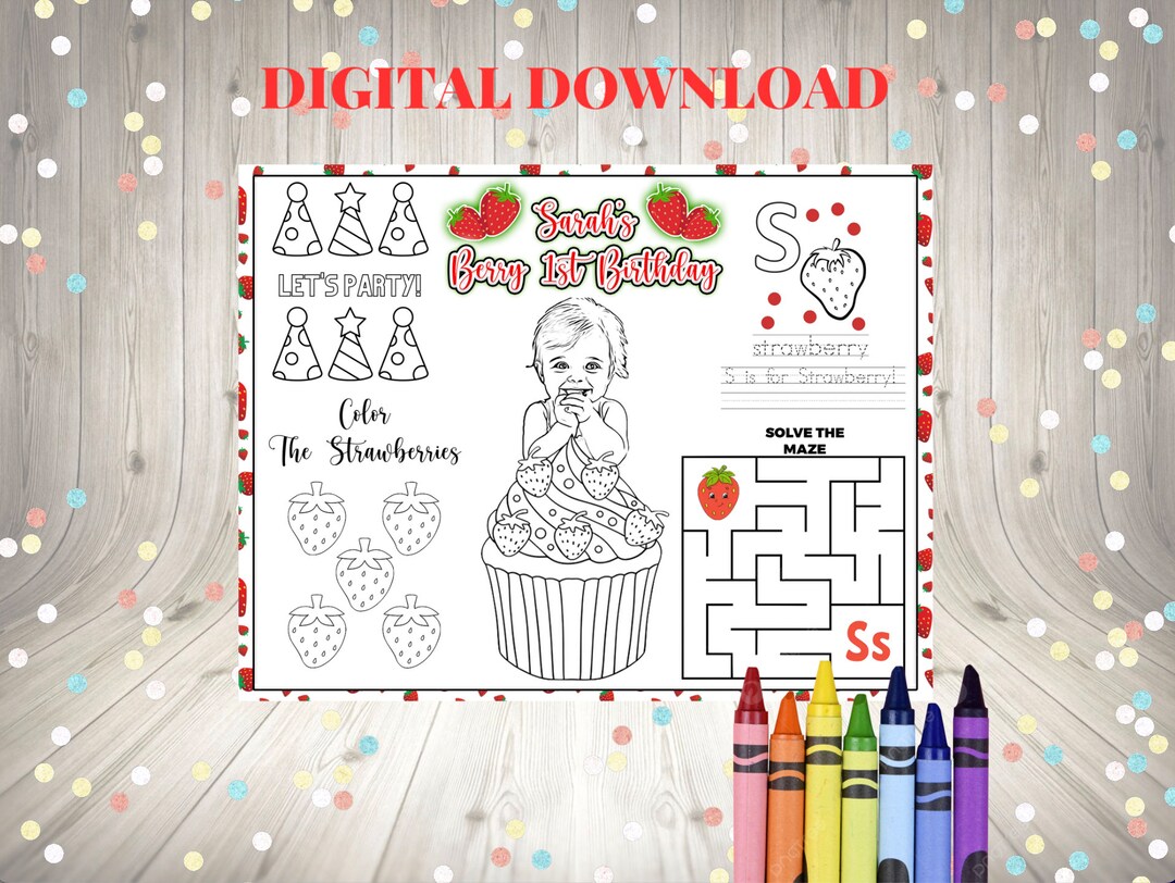 1st Birthday Strawberry Coloring Placemat, Strawberry Activity Placemat ...