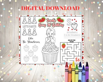 1st Birthday Strawberry Coloring Placemat, Strawberry Activity Placemat ...
