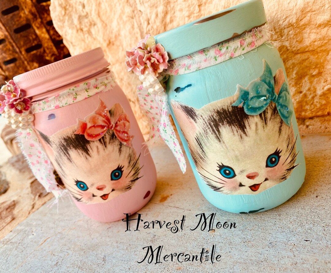 Vintage Kitty Upcycled Glass Jar: Shabby Chic Kitsch Decor - Etsy