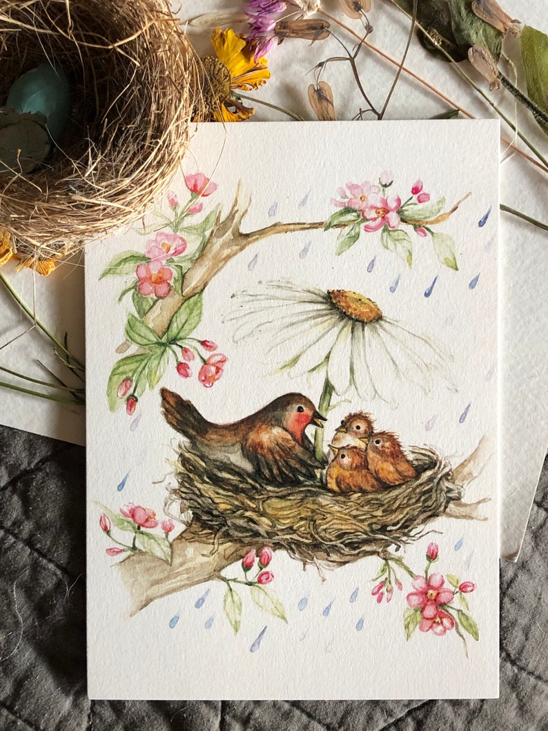 Mama and Baby Birds Print | Etsy