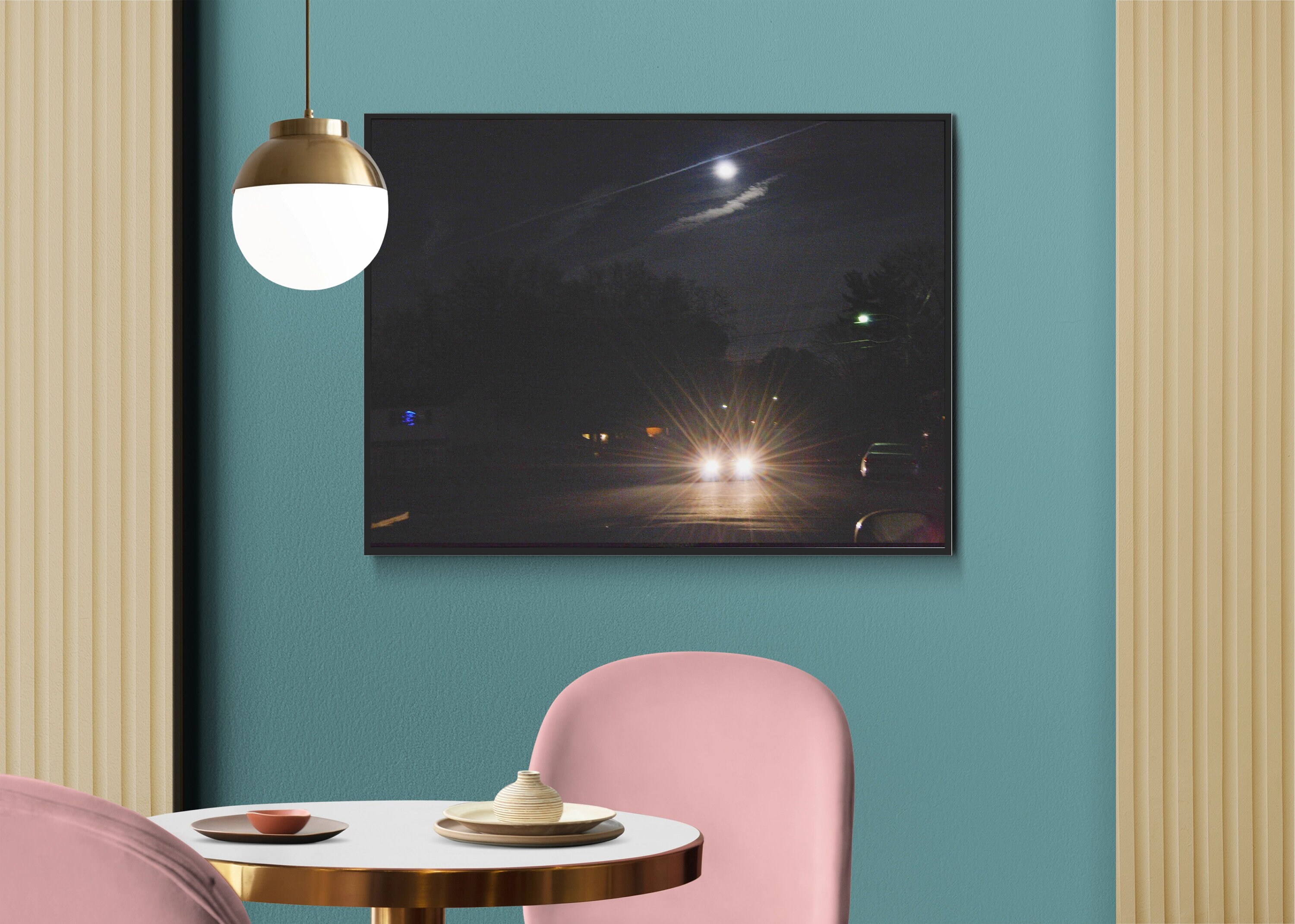 Night View of Car With Bright Headlights Driving Down Street With ...