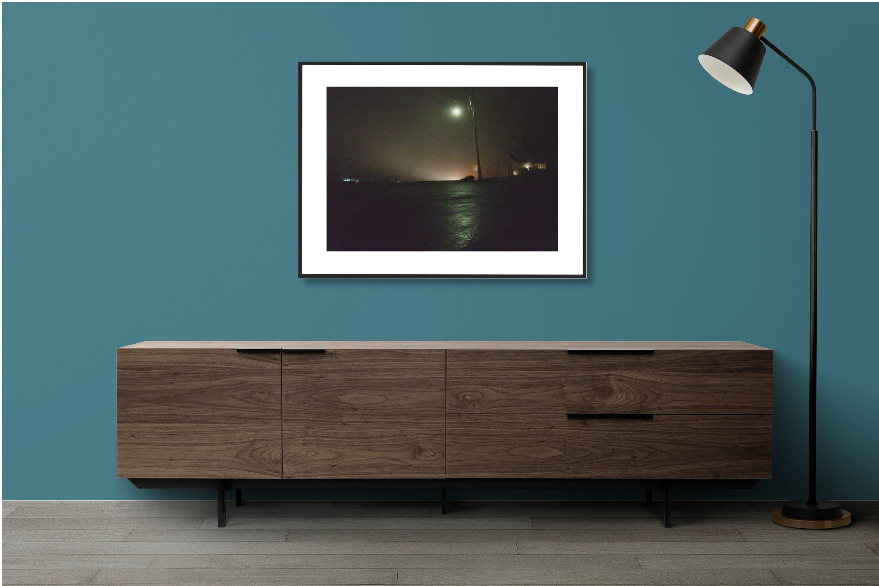 Eerie Foggy Night With Lone Street Lamp and Reflections With Multiple ...