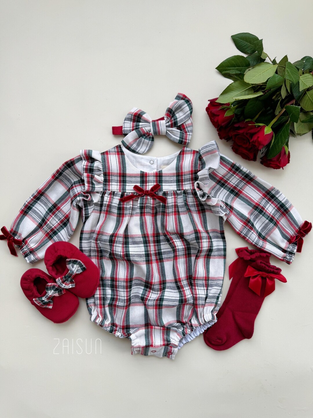 Baby Christmas Outfit Girl – Red Plaid Romper With Bow, Holiday Baby ...