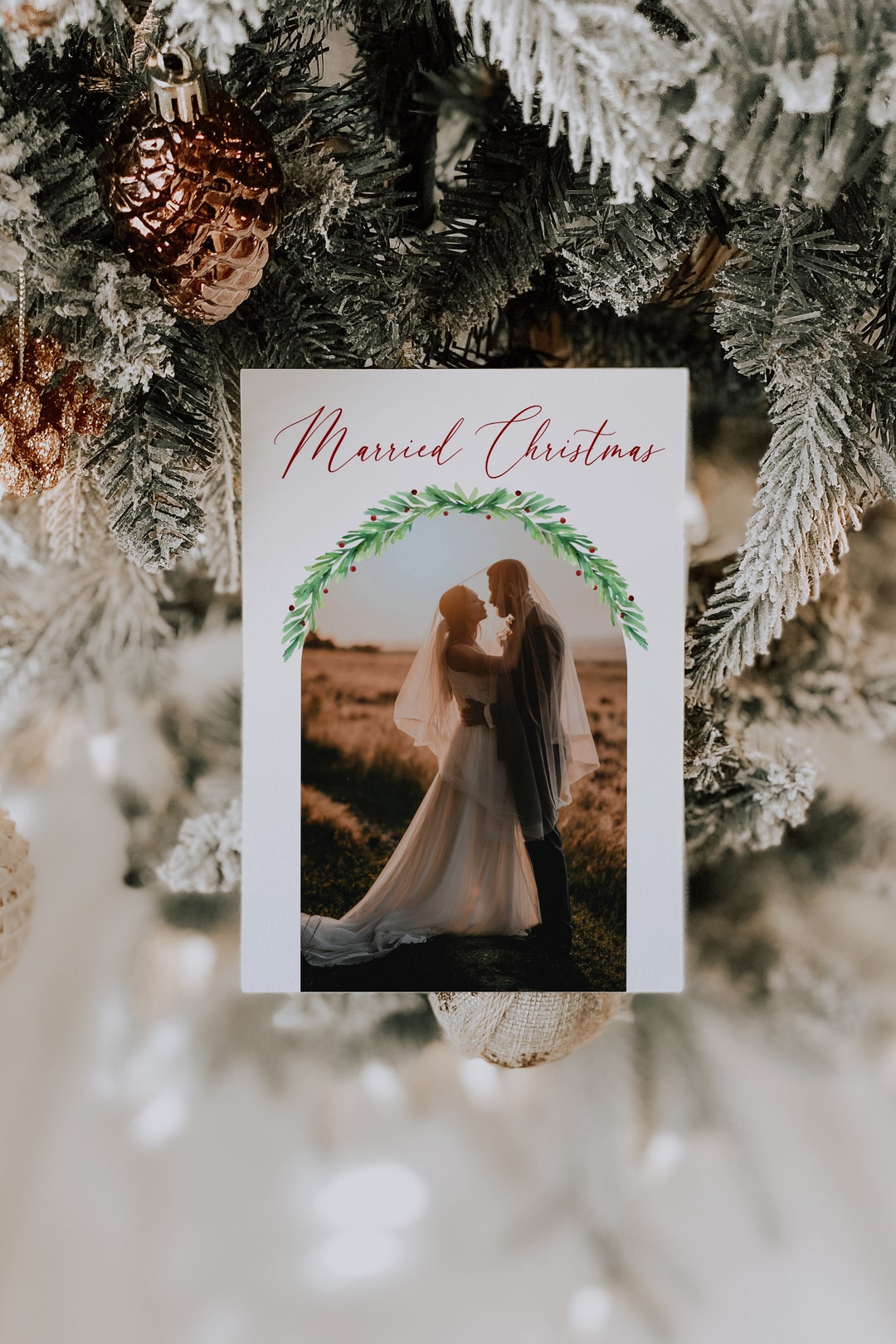 First Married Christmas Card Watercolor Evergreen Greenery - Etsy