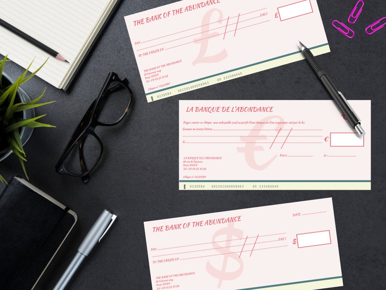 Abundance Cheque in Euro Dollars Pounds Digital File Made in France ...