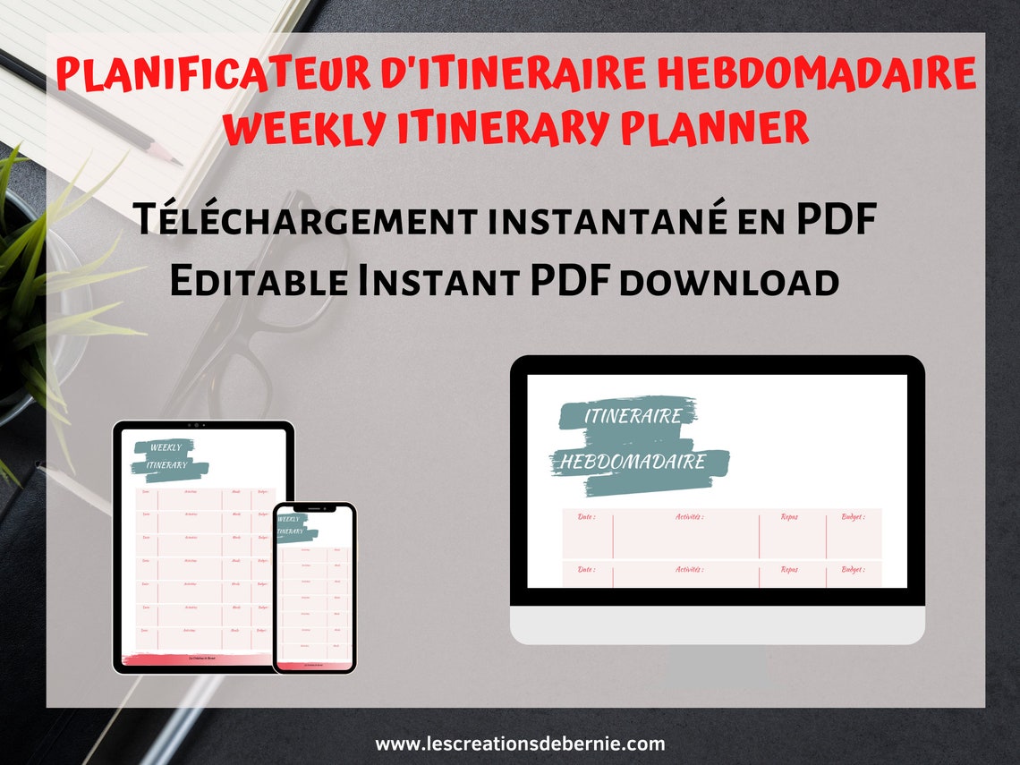 Planificateur d'itineraire hebdomadaire Plan de voyage Organisateur ...