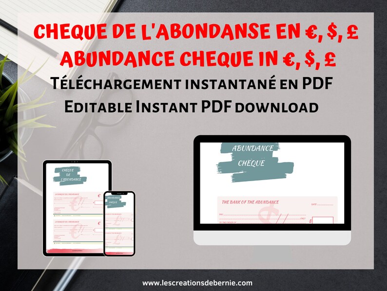 Abundance Cheque in Euro Dollars Pounds Digital File Made in France ...