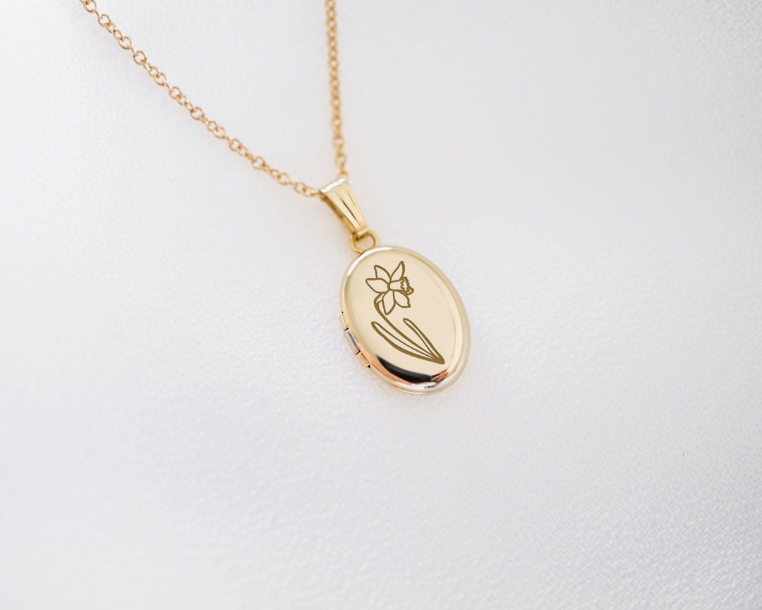 Daffodil Oval Locket, 14K Solid Gold, Gold Filled Locket Necklace ...