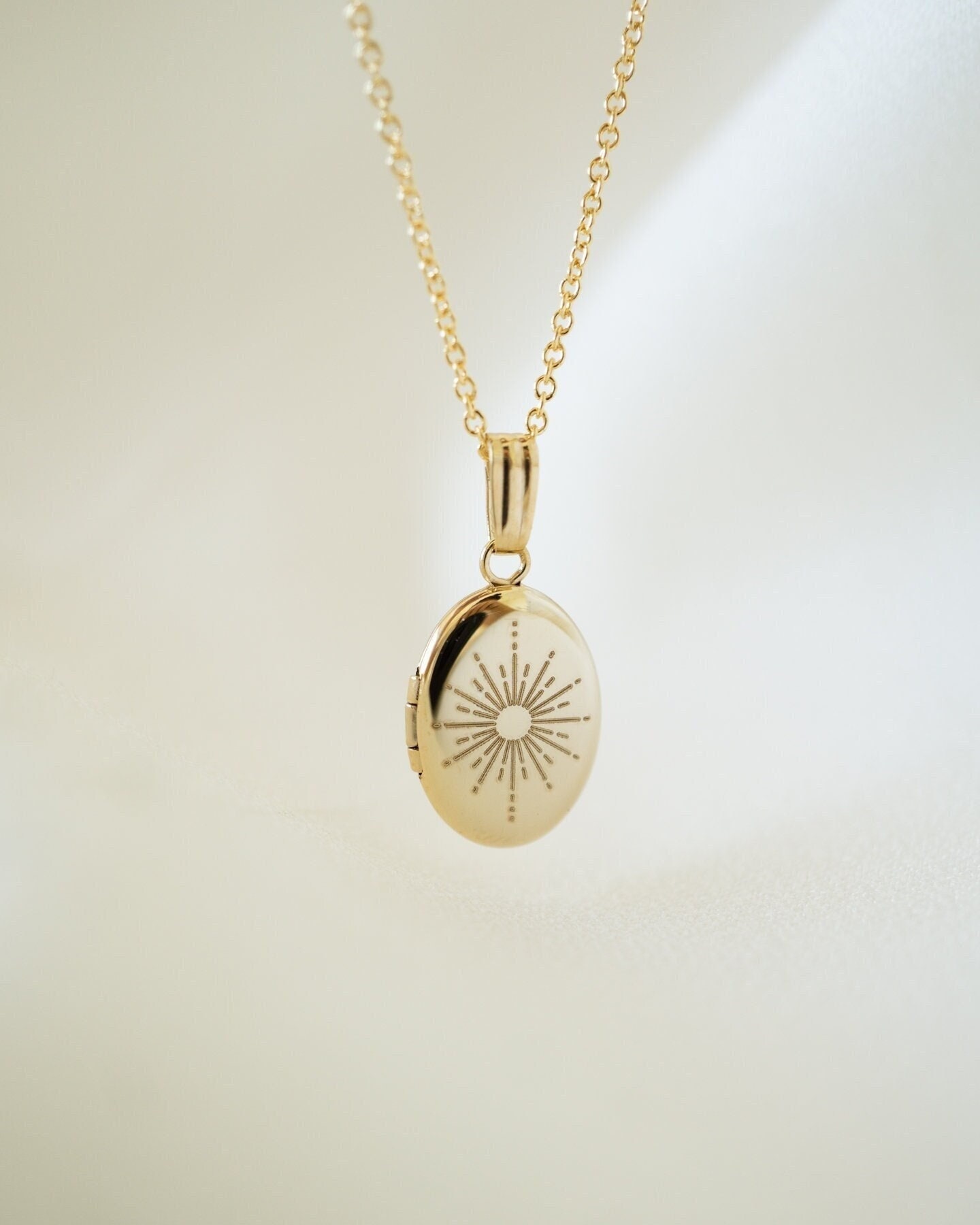 Sunshine Starburst Sun Oval Locket Personalized Gifts Engravable Necklace Etsy
