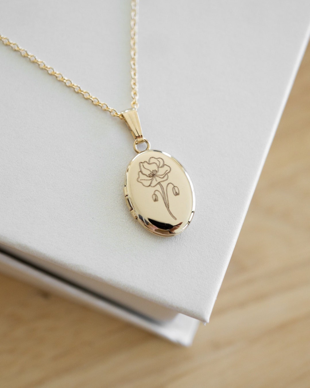 Poppy Flower Oval Locket Necklace, 14K Gold, Silver Personalized Gifts ...