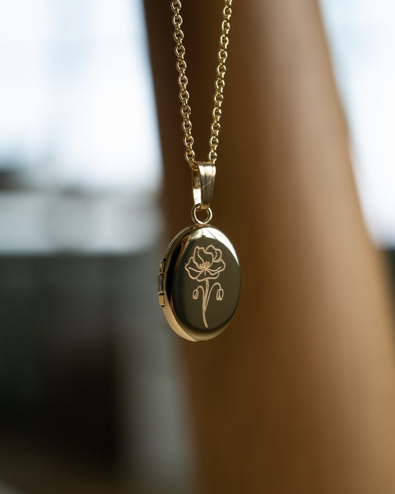 Poppy Flower Oval Locket Necklace 14K Gold Silver - Etsy