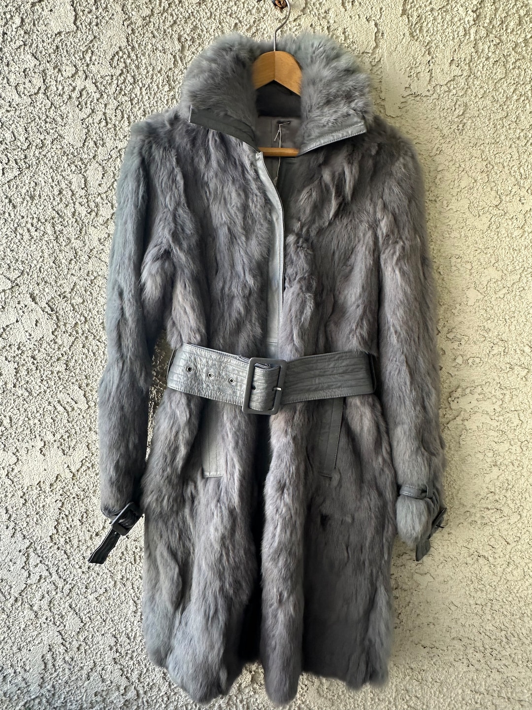 Long Fur Coat, Gray Rabbit Fur Coat W Pockets Classic Model Size Medium ...