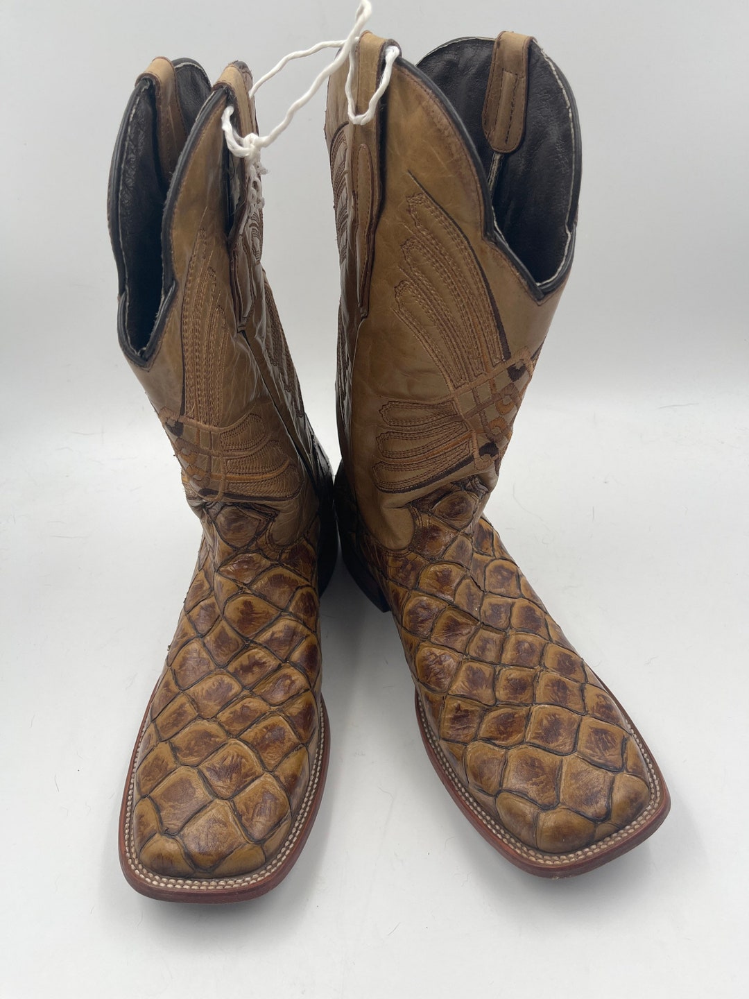 Brown Leather Cowboy Boots Fish Skin Print Very Good Clean Used ...