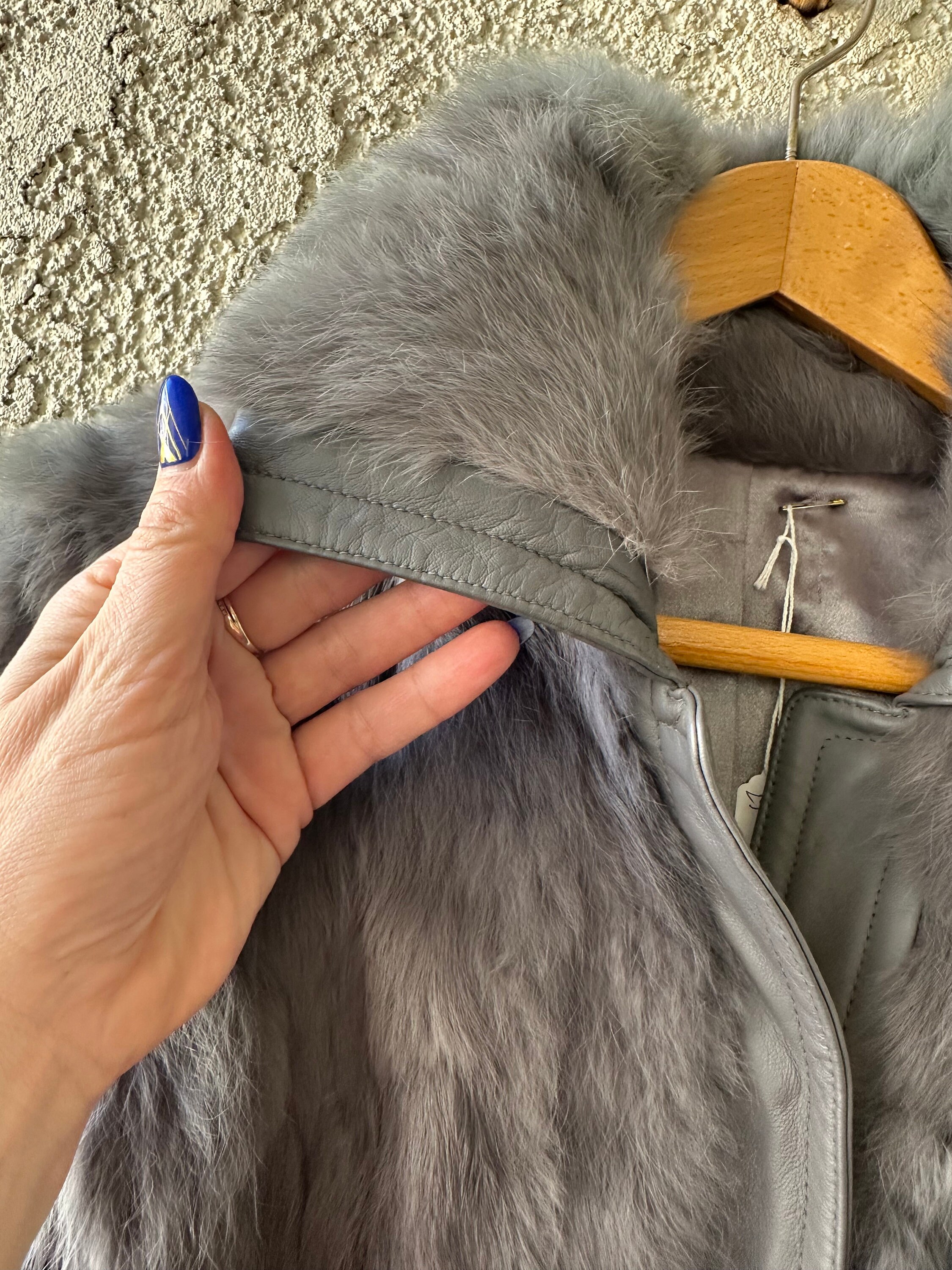 Long Fur Coat, Gray Rabbit Fur Coat W Pockets Classic Model Size Medium ...